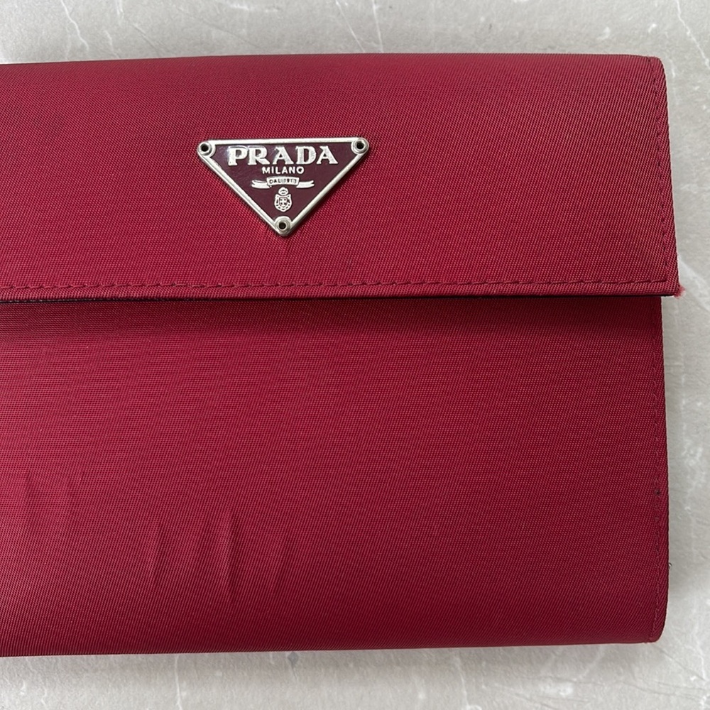 Prada Rare Red Nylon Logo Oversized Trifold Wallet - Gem